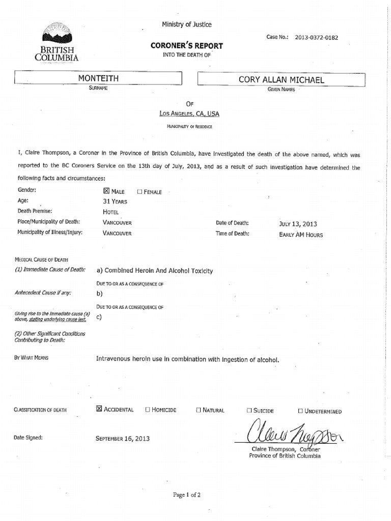 Cory Monteith Final Coroner's Report | PDF | Foreign Language Studies