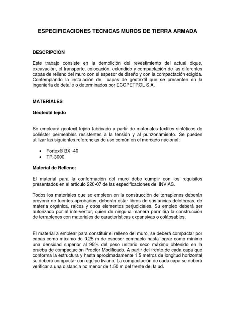 Especificaciones Tecnicas Muro en Tierra Armada | PDF | Hormigón ...