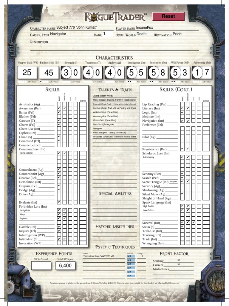 Rogue Trader Character Sheet John | Gaming | Role Playing Games