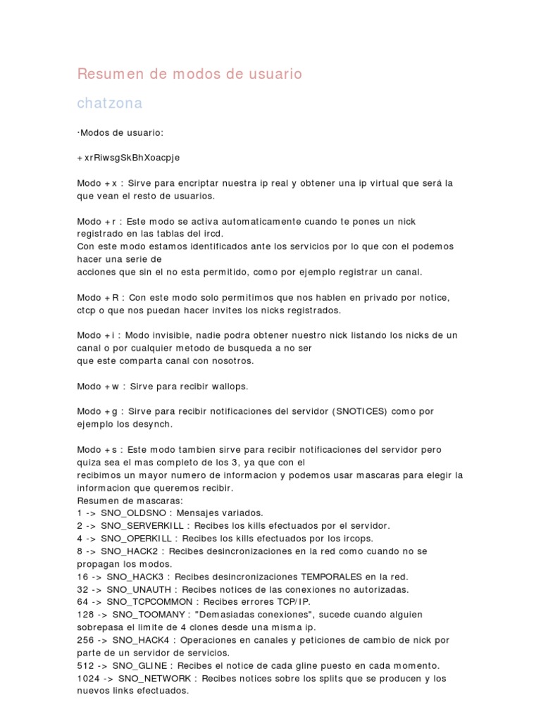 Modos de Usuario y Canal (ChatZona) | Descargar gratis PDF | Dirección ...