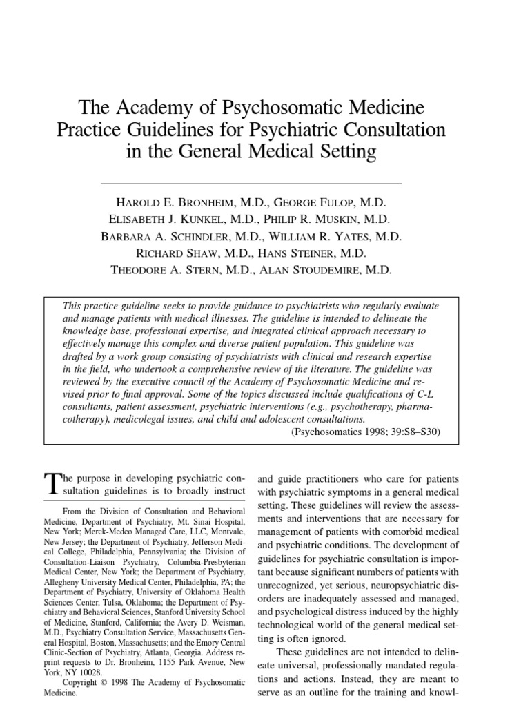 Practice Guidelines For Psychiatric Consultation in The General Medical ...