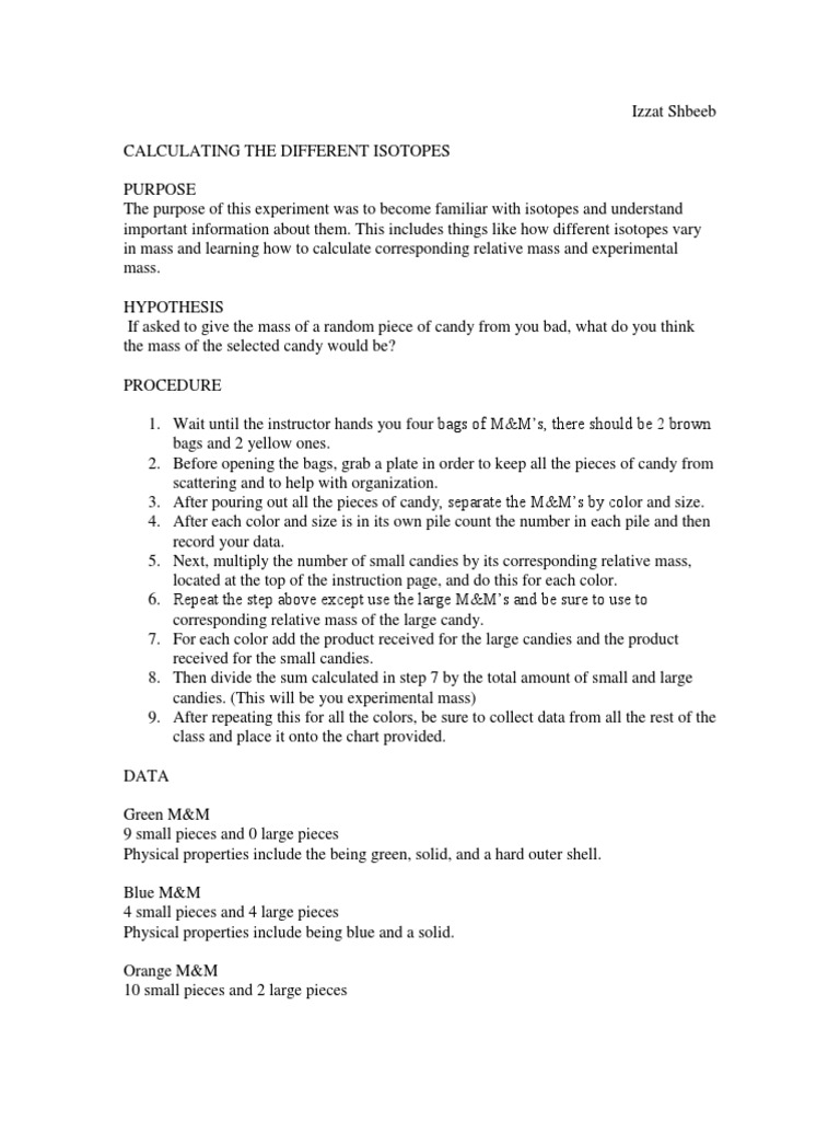 Calculating Experimental Masses of M&M Candy Isotopes | PDF ...