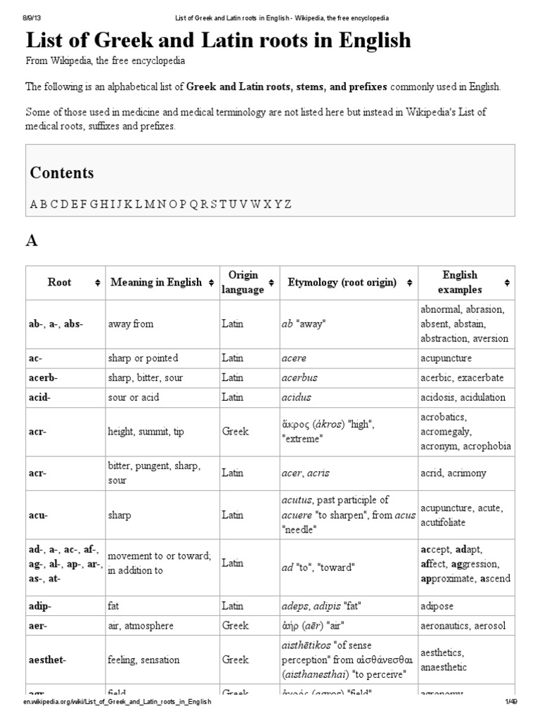 List of Greek and Latin Roots in English - Wikipedia, The Free ...