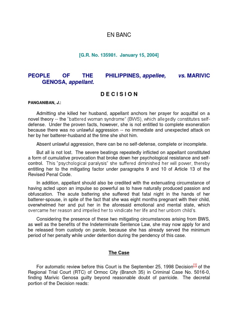 People vs. Genosa Full Case | PDF | Domestic Violence | Evidence (Law)