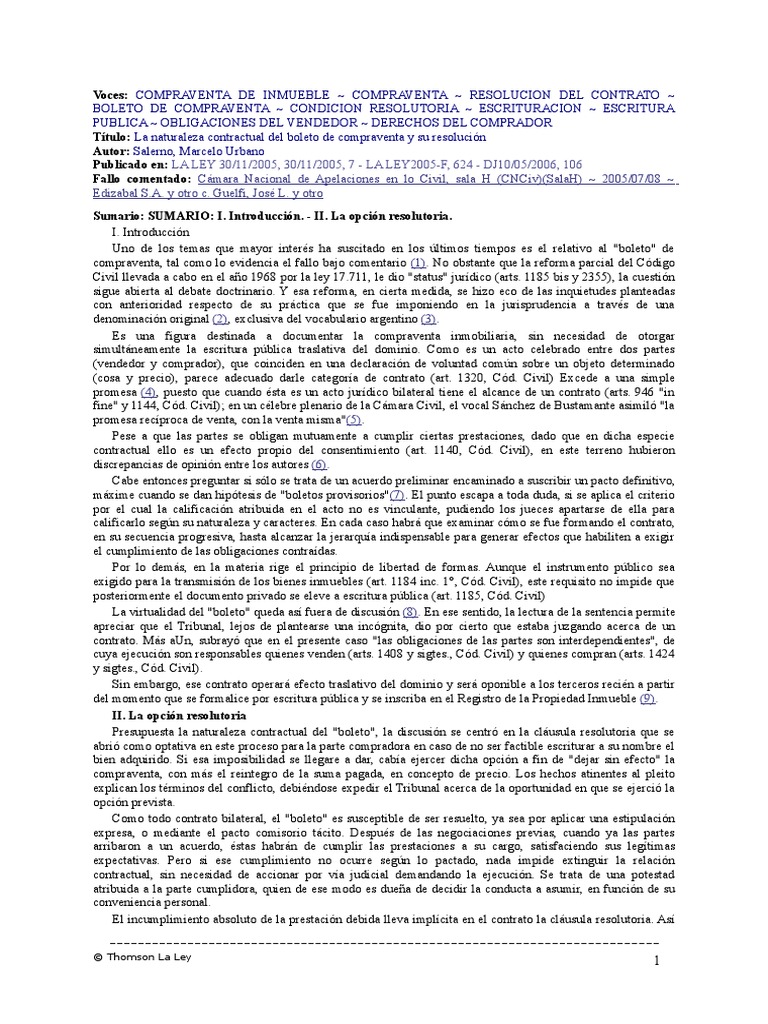 La Naturaleza Contractual Del Boleto de Compraventa y Su Resolución ...