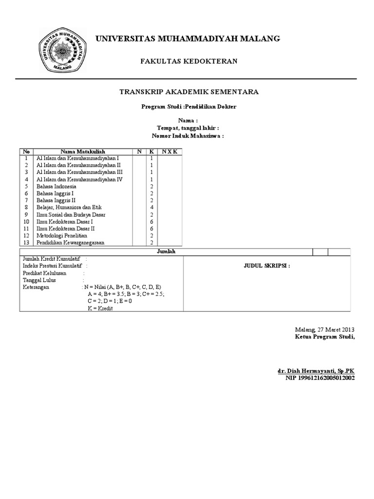 Format Transkrip Nilai | PDF