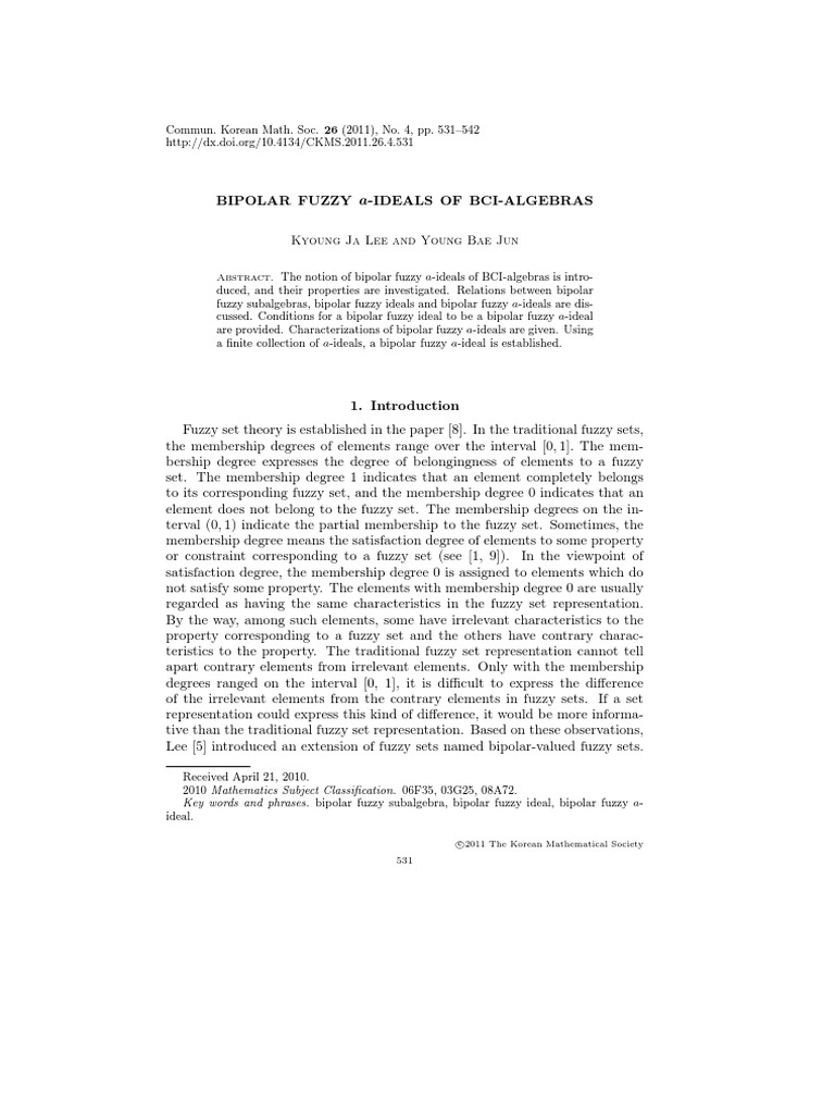 Bipolar Fuzzy A-Ideals of Bci-Algebras: Kyoung Ja Lee and Young Bae Jun ...