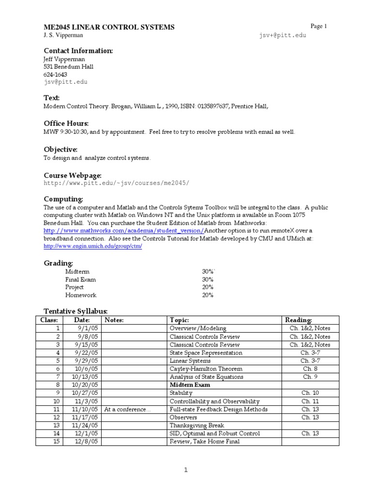 Linear Control Systems Syllabus | PDF | Control Theory | Matlab