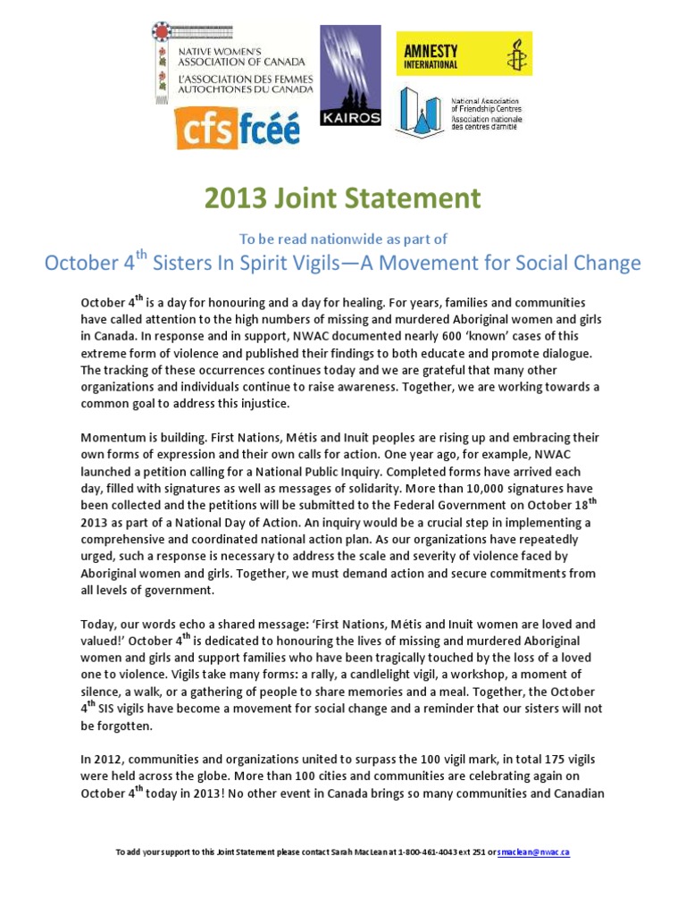 2013 SIS Vigil Joint Statement | PDF | First Nations