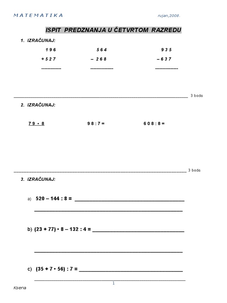 ISPIT PREDZNANJA U ČETVRTOM RAZREDU-mat - Ksena | PDF