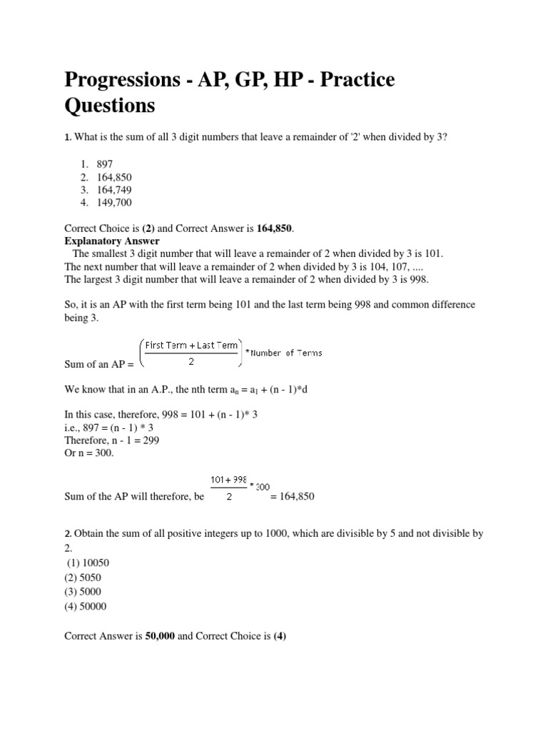 Progressions - AP, GP, HP - Practice Questions: Explanatory Answer | PDF