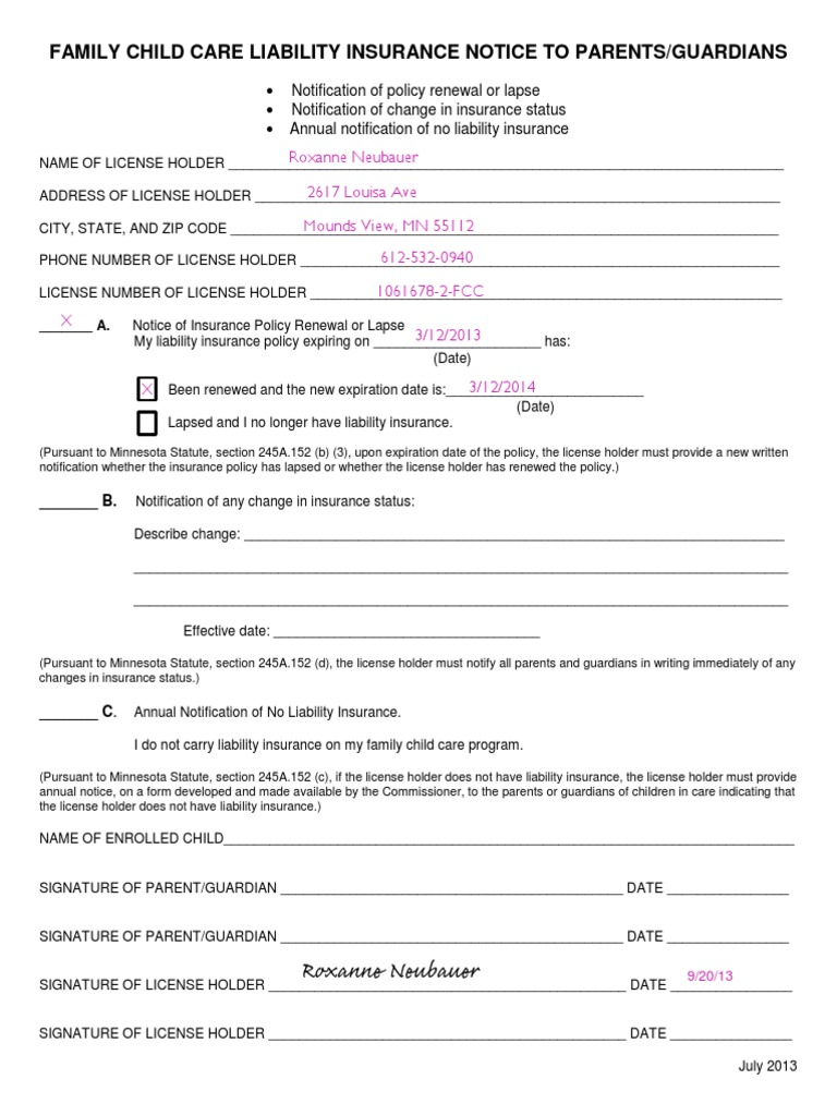 Daycare Liability Insurance Notice To Parents-Signed | PDF