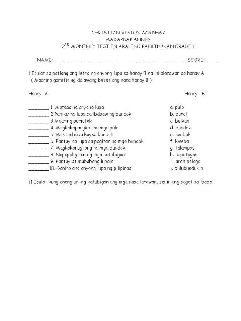 Araling Panlipunan Grade 1 2nd Monthly Test | PDF Araling Panlipunan Grade 1 2nd Monthly Test | PDF