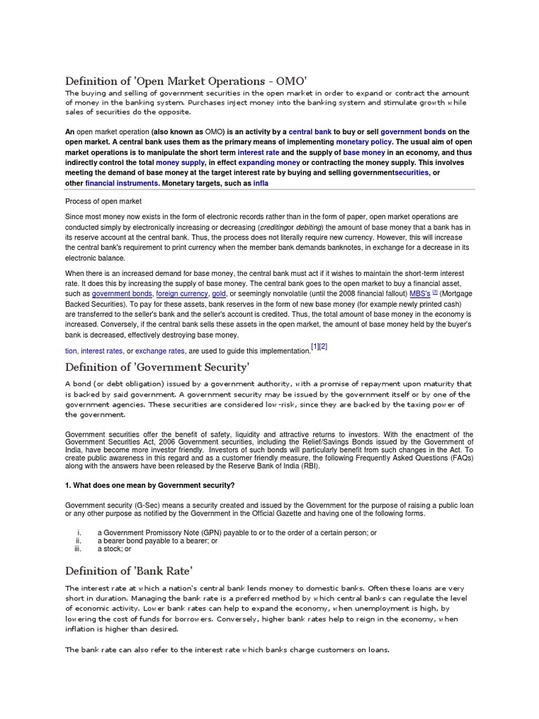 Definition Of open market opration | Open Market Operation | Central Banks