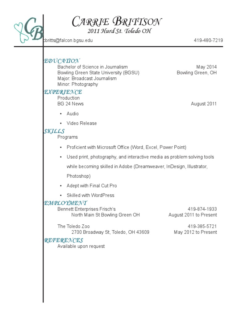 Carrie Brittson - Broadcast Journalism Resume | PDF | Art