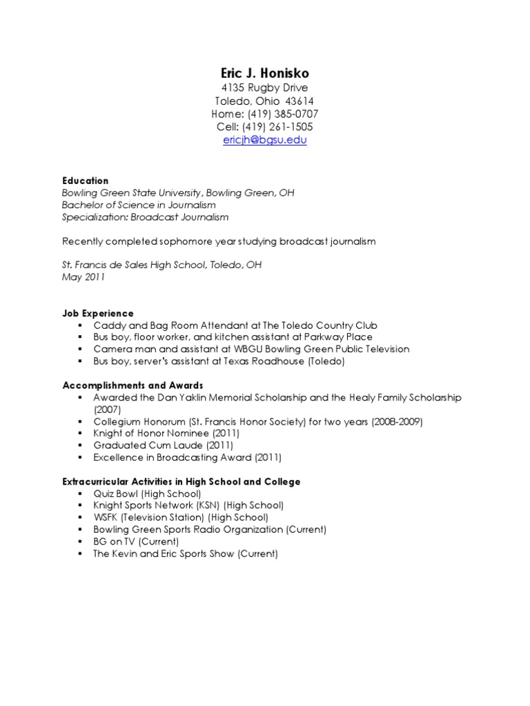 Eric J. Honisko: Broadcast Journalism Resume | PDF