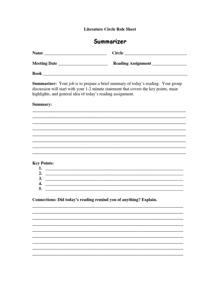 Literature Circle Role Sheets Guide | PDF | Books | Human Communication