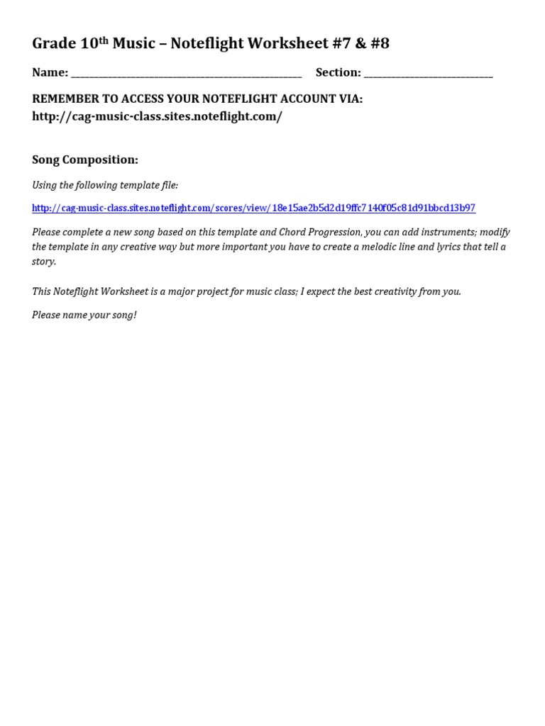 Grade 10 Noteflight Song Project Worksheet | PDF