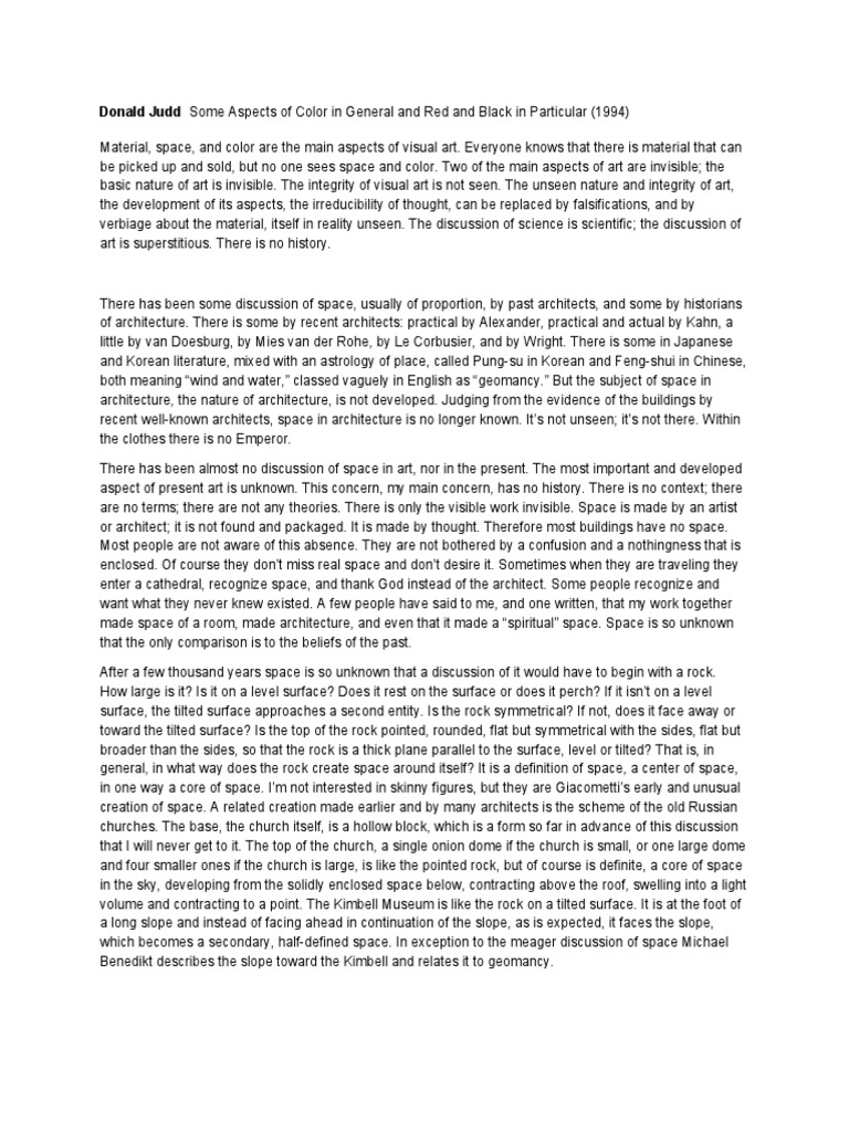 Donald Judd Some Aspects of Color in General and Red and Black in ...