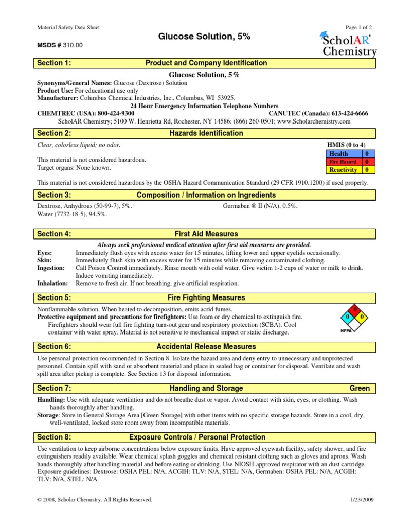 Glucose Solution 5% Msds | Dangerous Goods | Safety