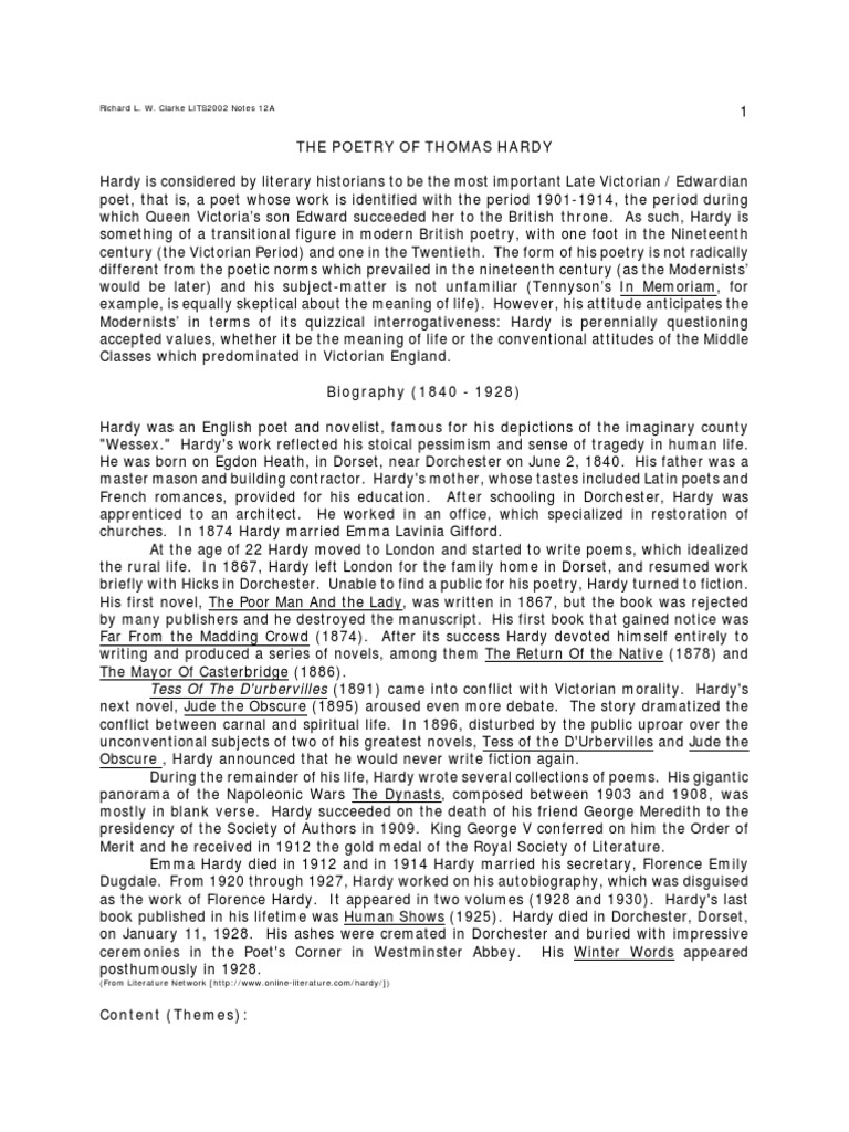 The Poetry of Thomas Hardy: Richard L. W. Clarke LITS2002 Notes 12A ...