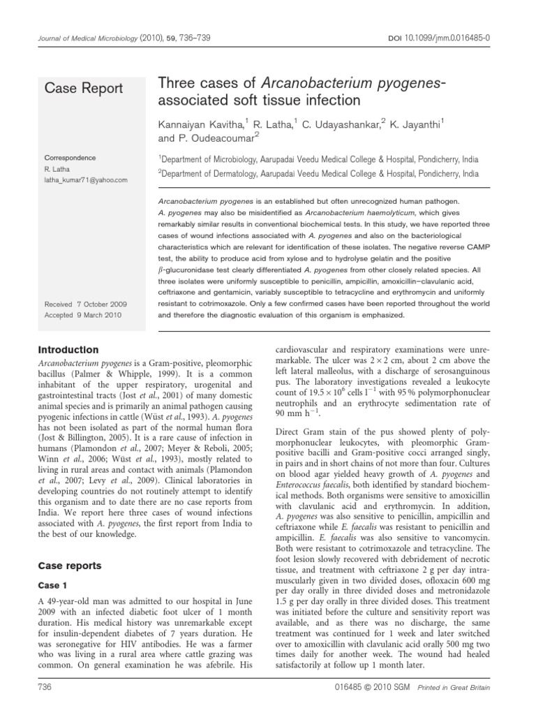 Three Cases of Arcanobacterium Pyogenes-Associated Soft Tissue ...