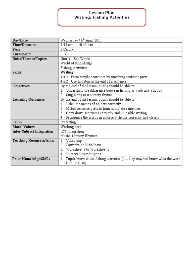 Lesson Plan Writing: Fishing Activities | PDF | Lesson Plan | Education ...