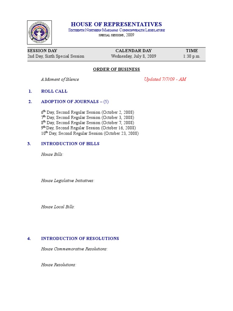 House of Representatives: Session Day Calendar Day Time | PDF | United ...