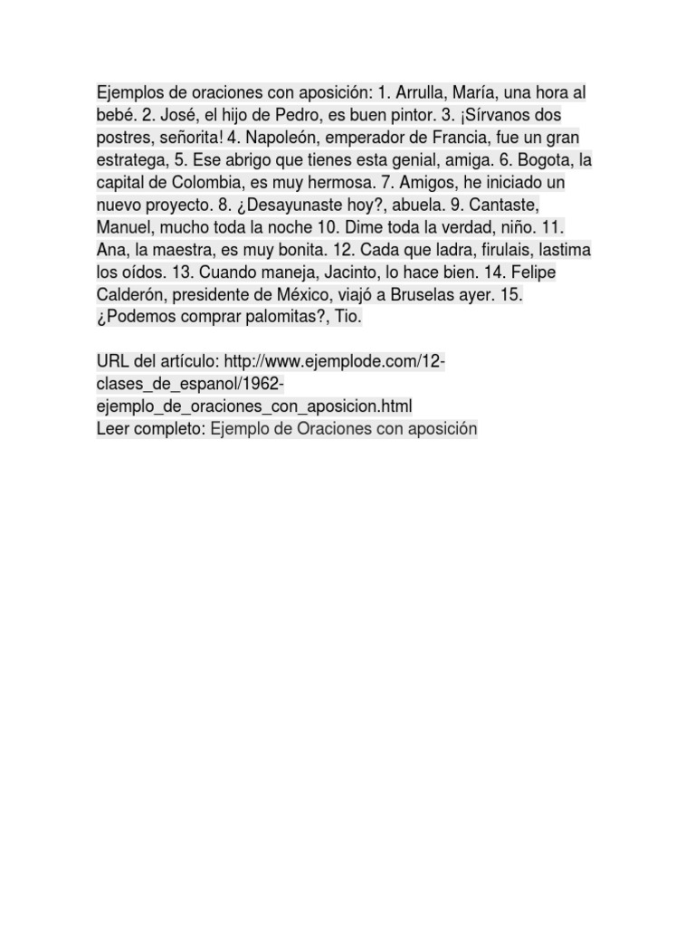Ejemplos de Oraciones Con Aposición | PDF | Viajes y turismo | Estudios ...