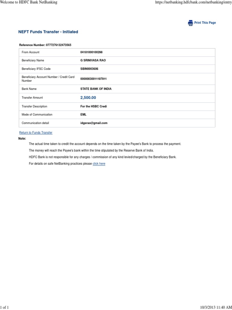 NEFT Funds Transfer - Initiated: Reference Number: 0777276132473565 ...