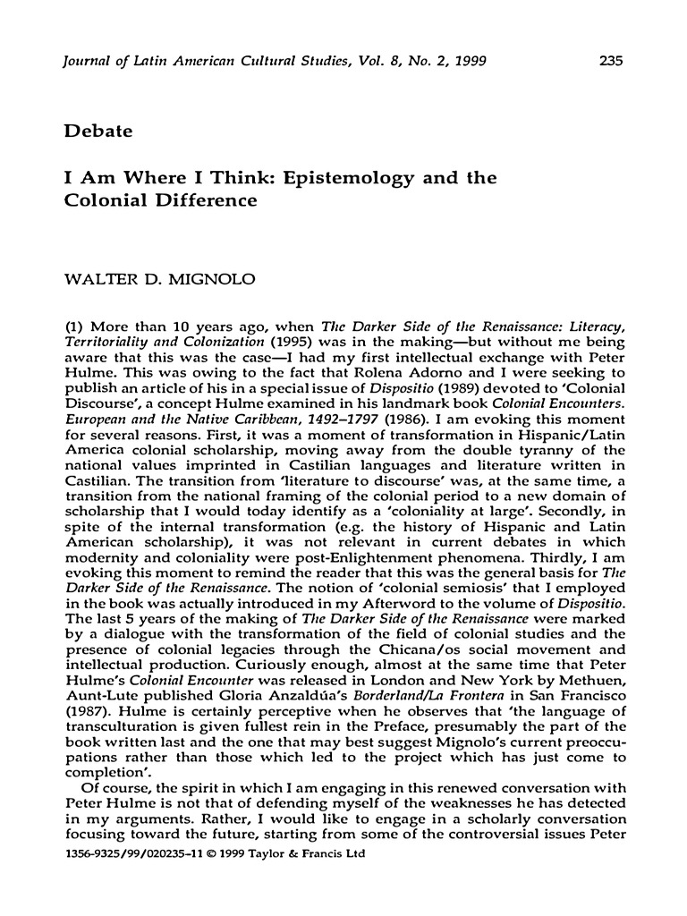 Mignolo - I Am Where I Think - Epistemology and The Colonial Difference ...