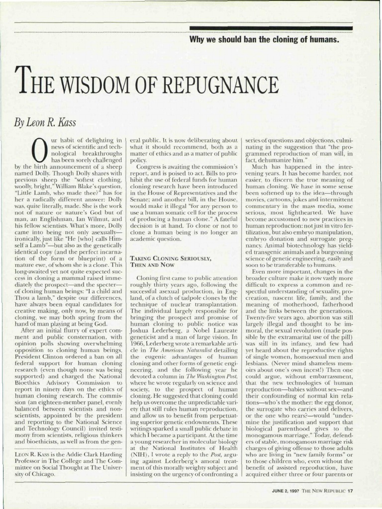 Leon Kass - The Wisdom of Repugnance | PDF | Cloning | Reproduction