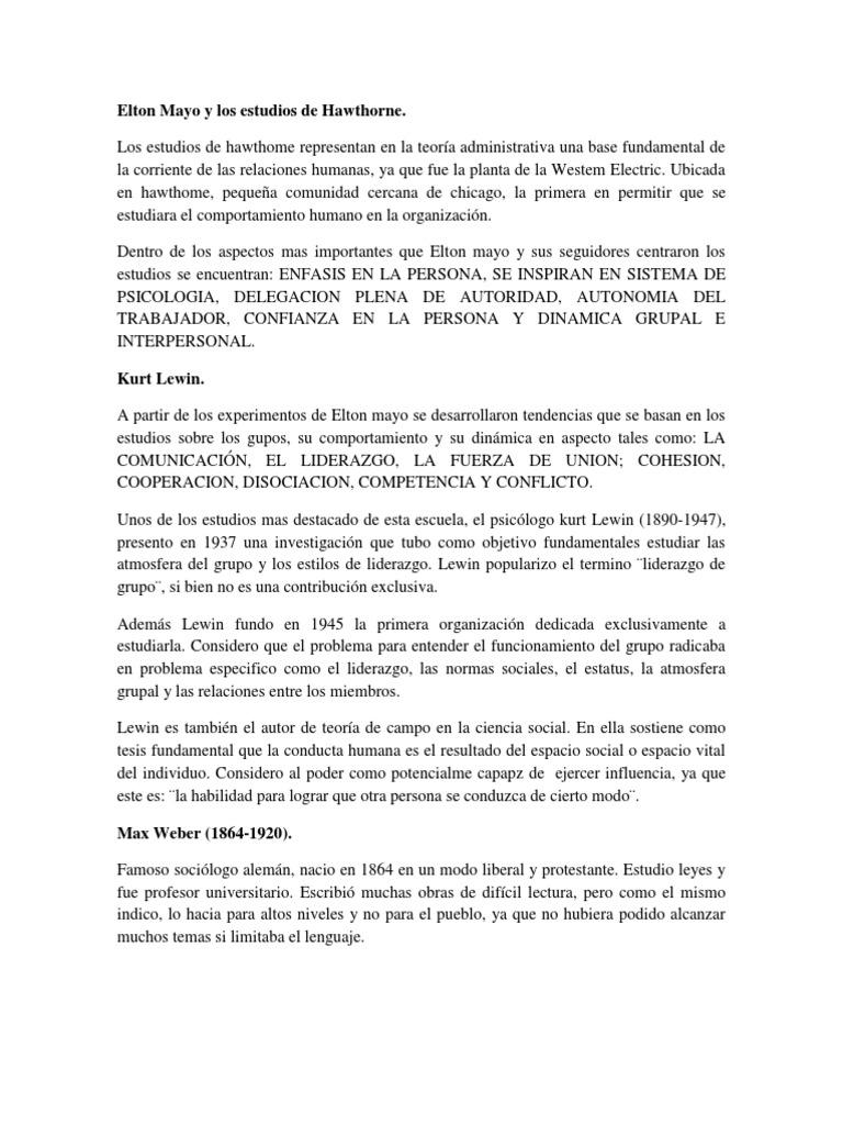 Elton Mayo y Los Estudios de Hawthorne | PDF | Sicología | Max Weber
