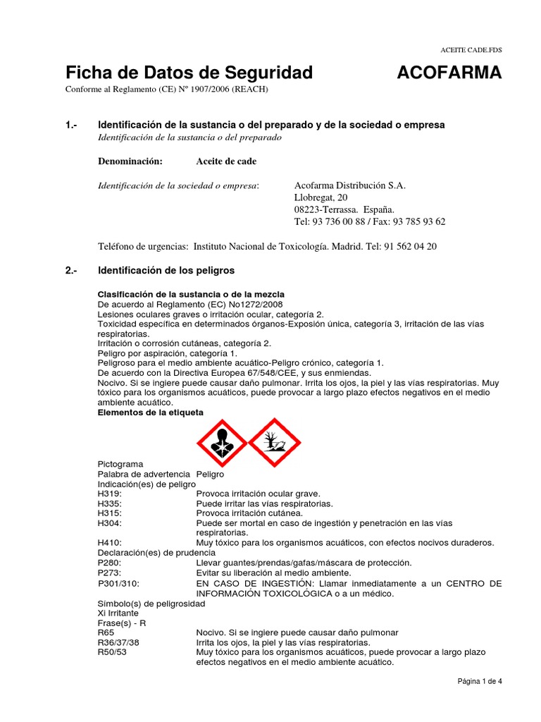 ACEITE CADE FDS IRRITANTE PELIGROSO MEDIO AMBIENTE | PDF | Contaminación | Residuos