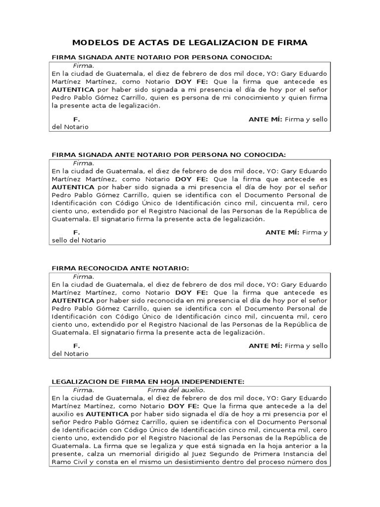 Modelos de Actas de Legalizacion de Firma
