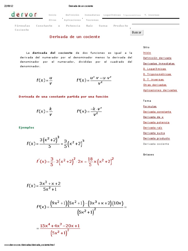 Derivada de un Cociente: Fórmulas y Ejemplos | PDF | Crecimiento ...