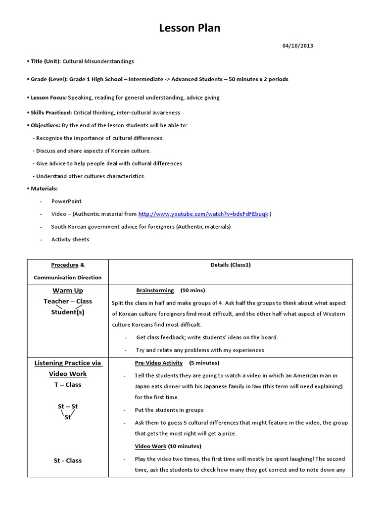 Lesson Plan - Cultural Misunderstandings | PDF | Advice (Opinion ...