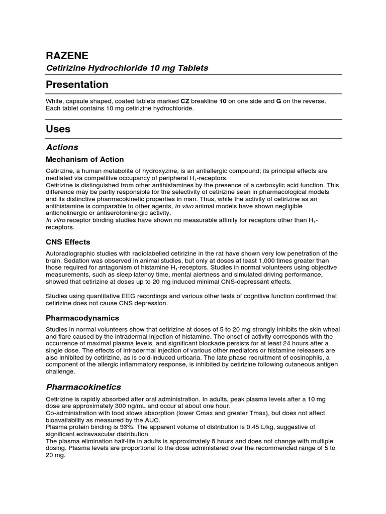 Razene: Cetirizine Hydrochloride 10 MG Tablets | PDF | Bioavailability ...