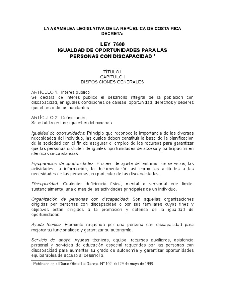 Igualdad de Oportunidades Ley 7600 | PDF | Invalidez | Discriminación