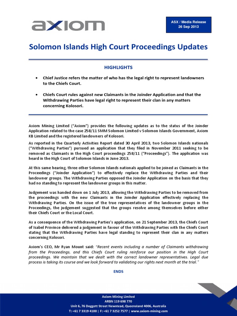 Axiom Mining Limited - Press Release - 26 Sep 2013 - Solomon Islands ...