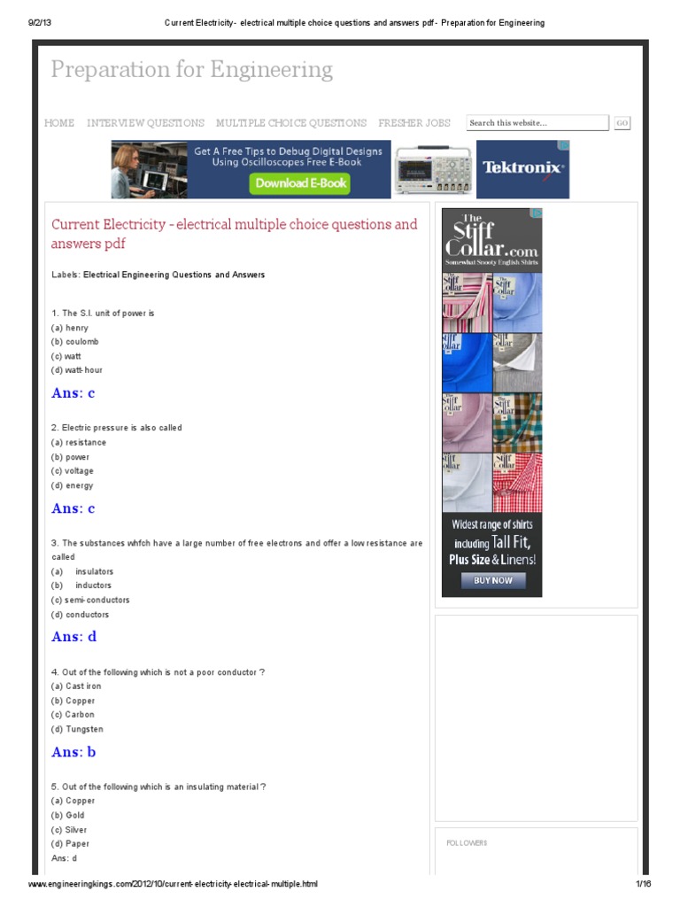 Current Electricity - Electrical Multiple Choice Questions and Answers ...