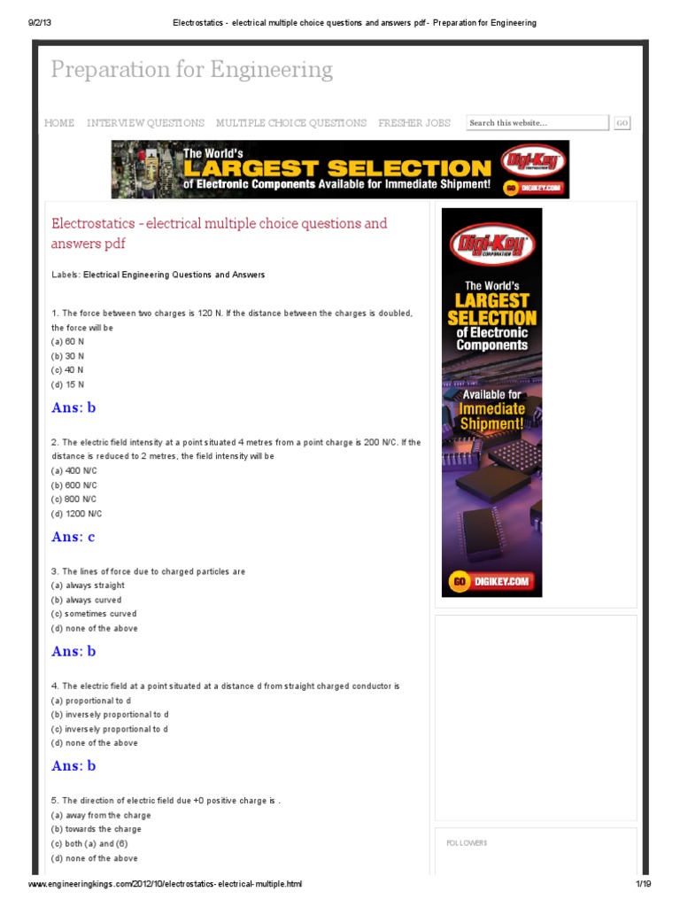 Electrostatics - Electrical Multiple Choice Questions and Answers PDF ...