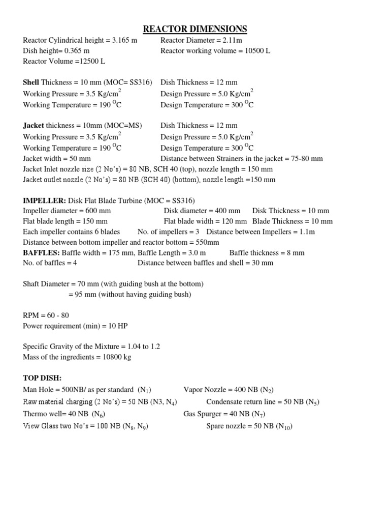 Reactor Dimensions: Shell Thickness 10 MM (MOC SS316) Dish Thickness 12 ...