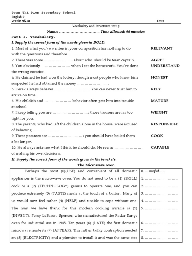 English 9 Vocabulary and Grammar Tests | PDF | Ellipsis