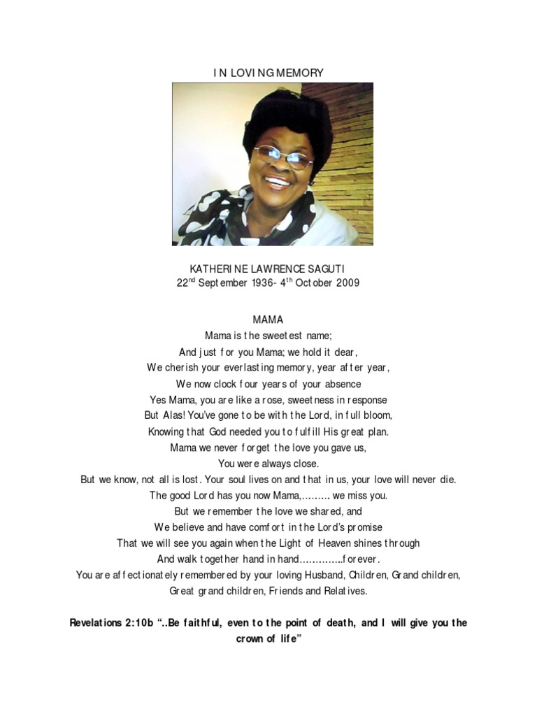 In Loving Memory of Katherine Saguti | PDF | Art | Poetry