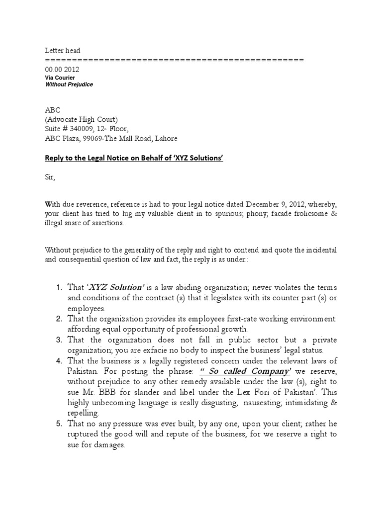 Legal Notice Reply by Rehan Aziz Shervani - Advocate High Court - Cell ...