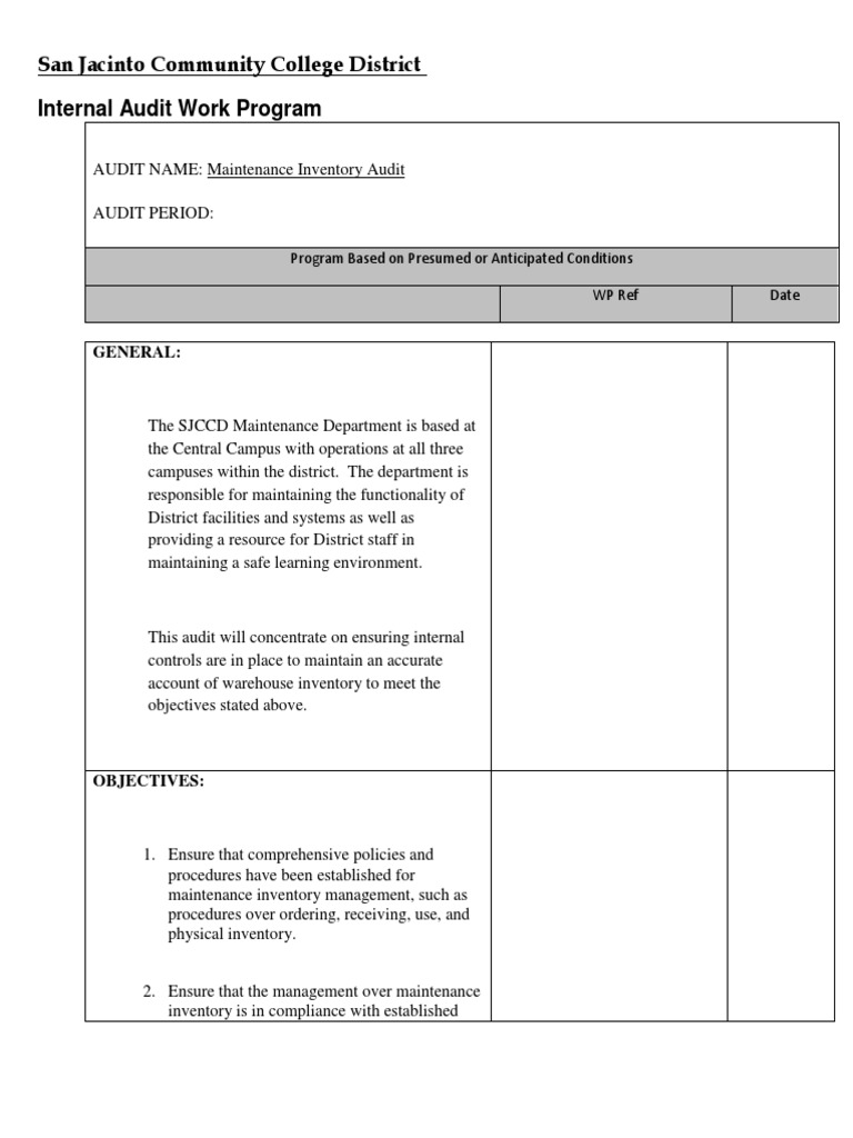 Maintenance Inventory Audit Program | Audit | Internal Audit