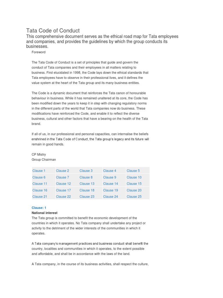 Tata Code of Conduct | PDF | Whistleblower | Board Of Directors
