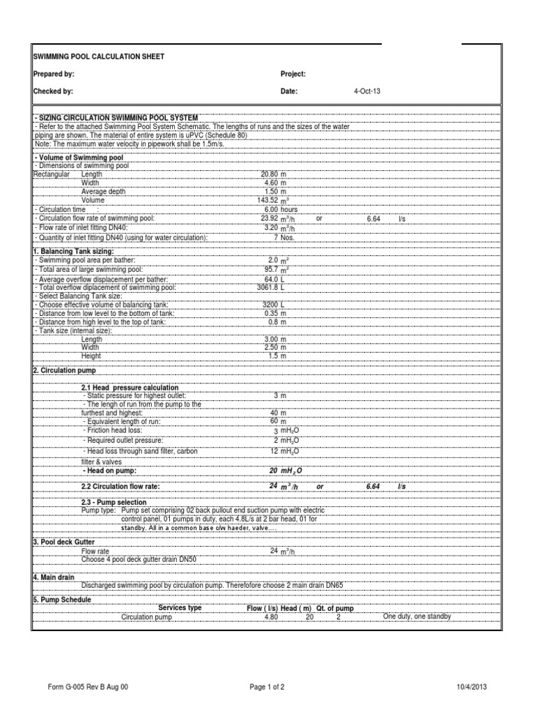 Swimming Pool Design Calculations and Component Selection | PDF ...