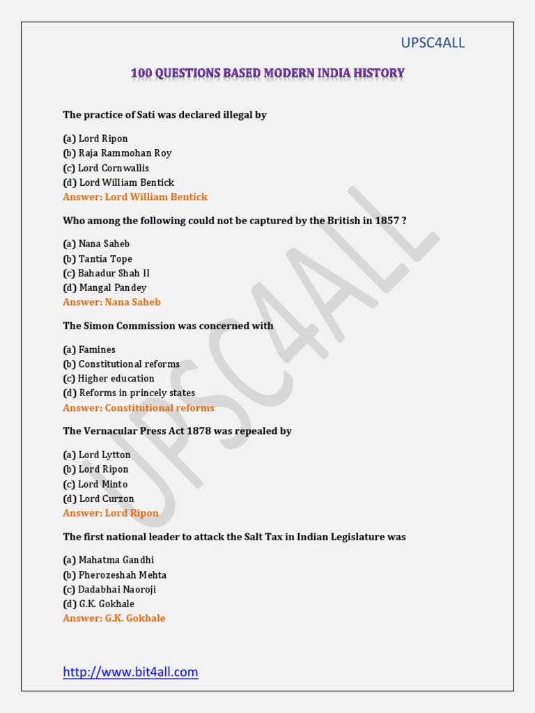 Indian History Quiz Questions & Answers | PDF | British Raj ...
